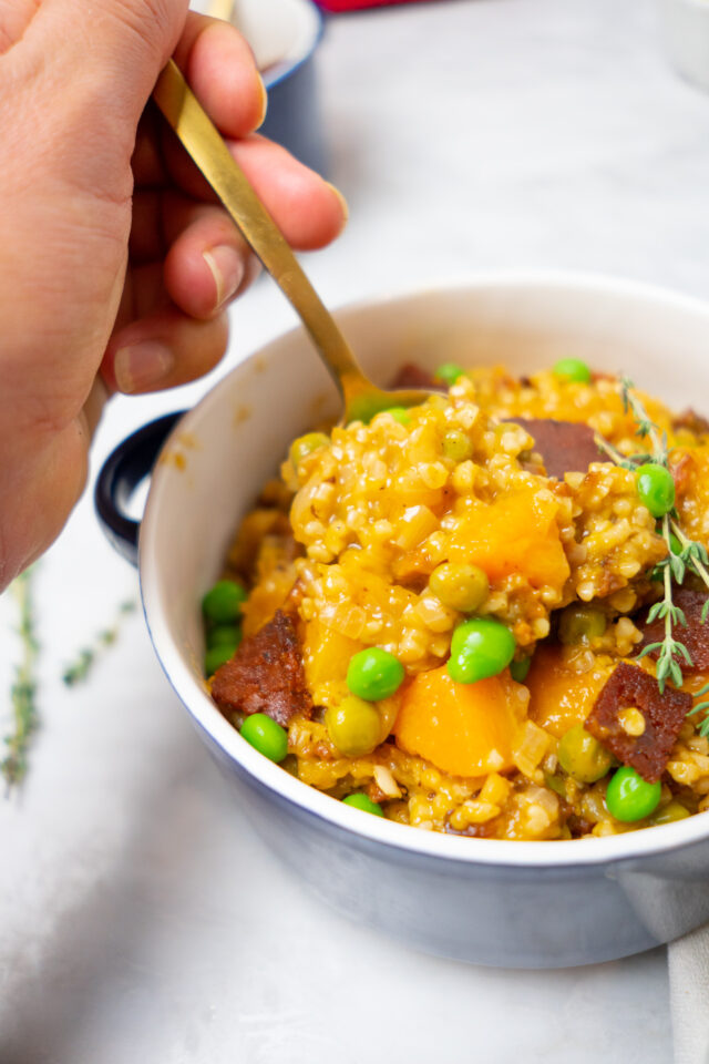 Steel Cut Oat Risotto with Butternut Squash and Vegan Bacon - Whitney E. RD