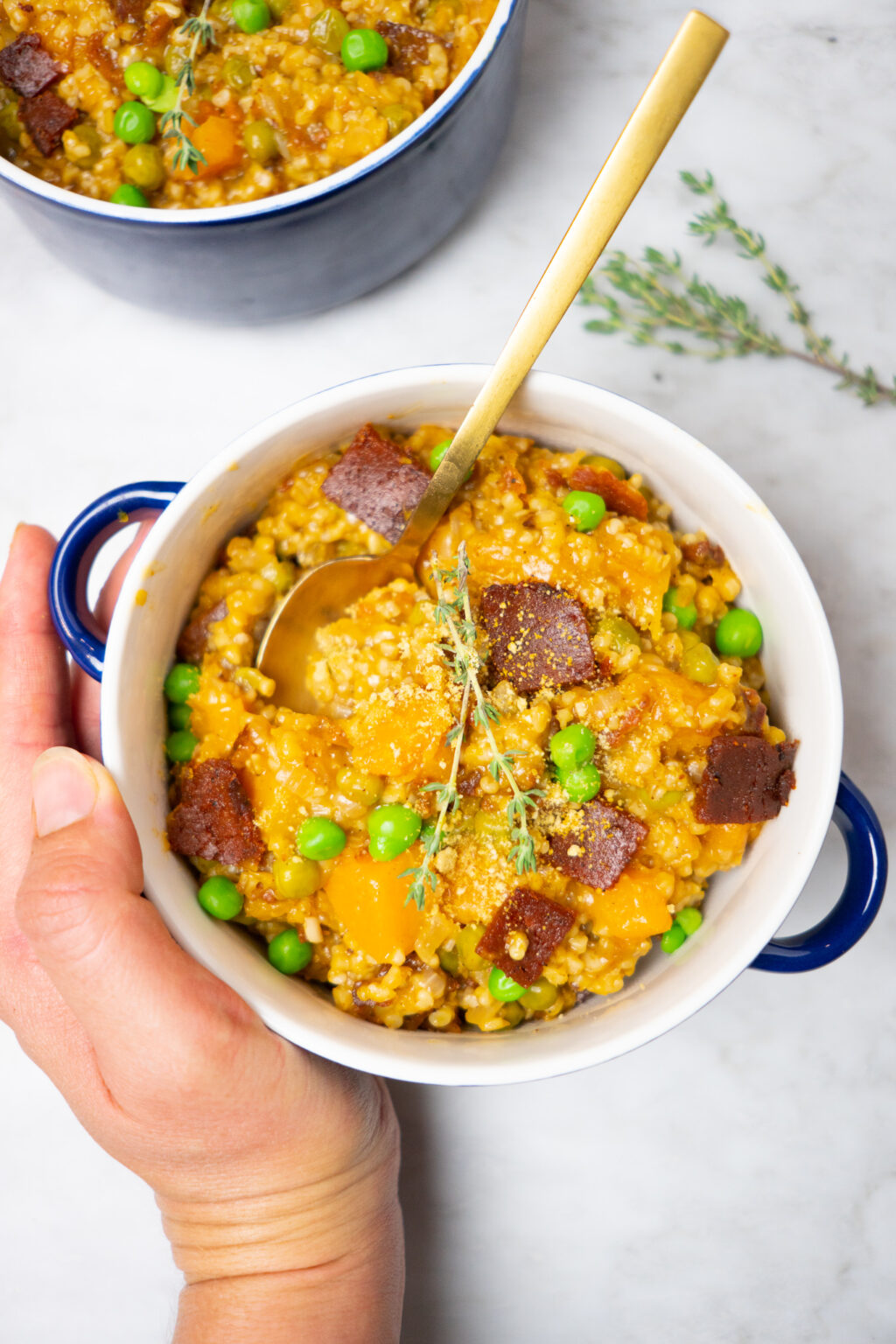 Steel Cut Oat Risotto with Butternut Squash and Vegan Bacon - Whitney E. RD